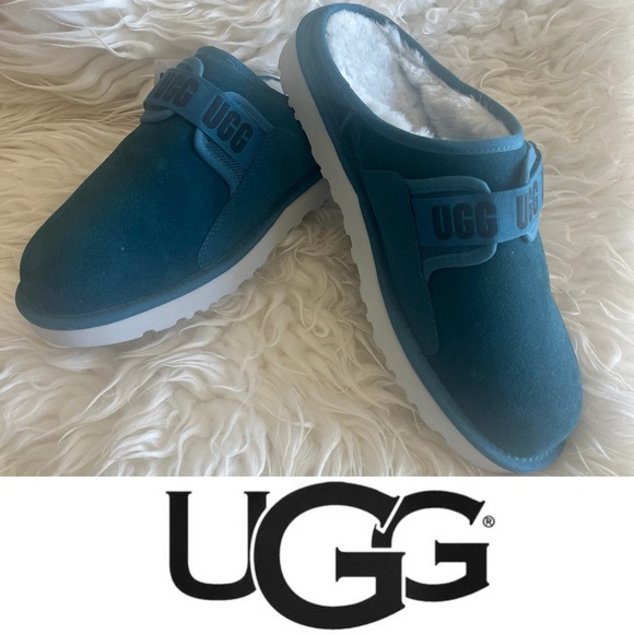 UGG | Shoes | Ugg Plush Diamond Blue Signature Logo Suded Slippersnew ...